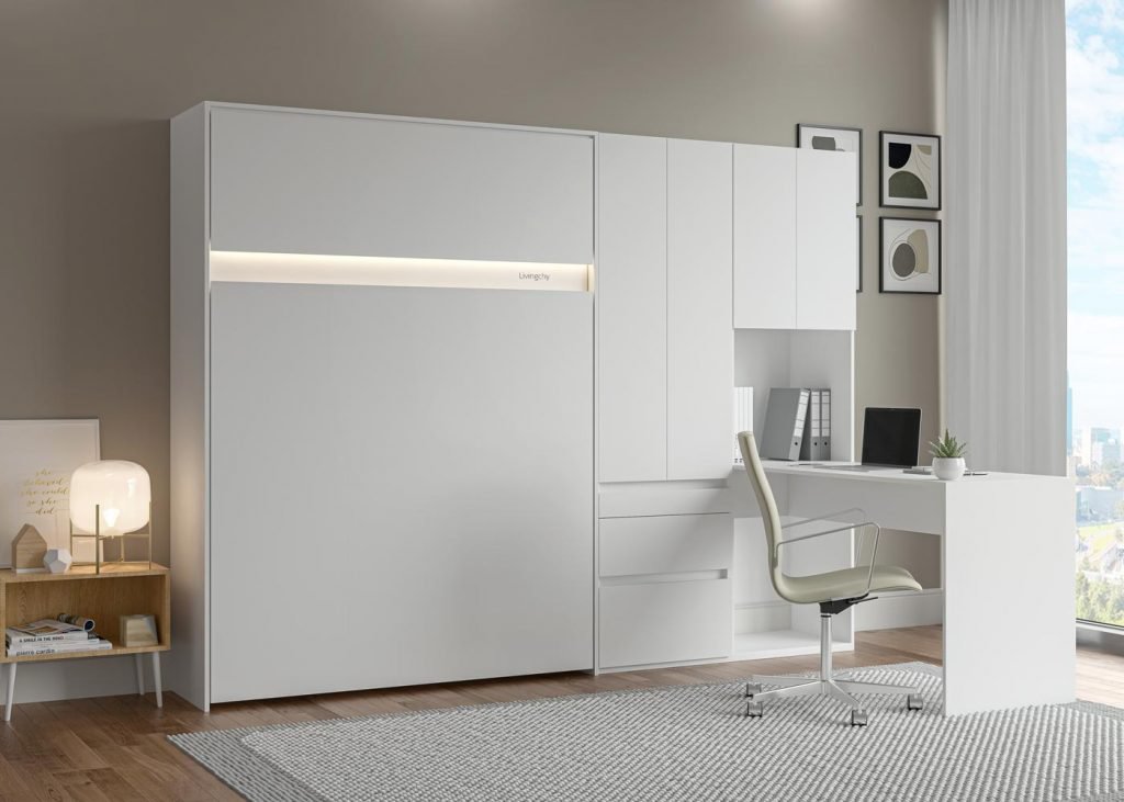 Lit escamotable mural L'Efficient vertical Blanc avec bureau